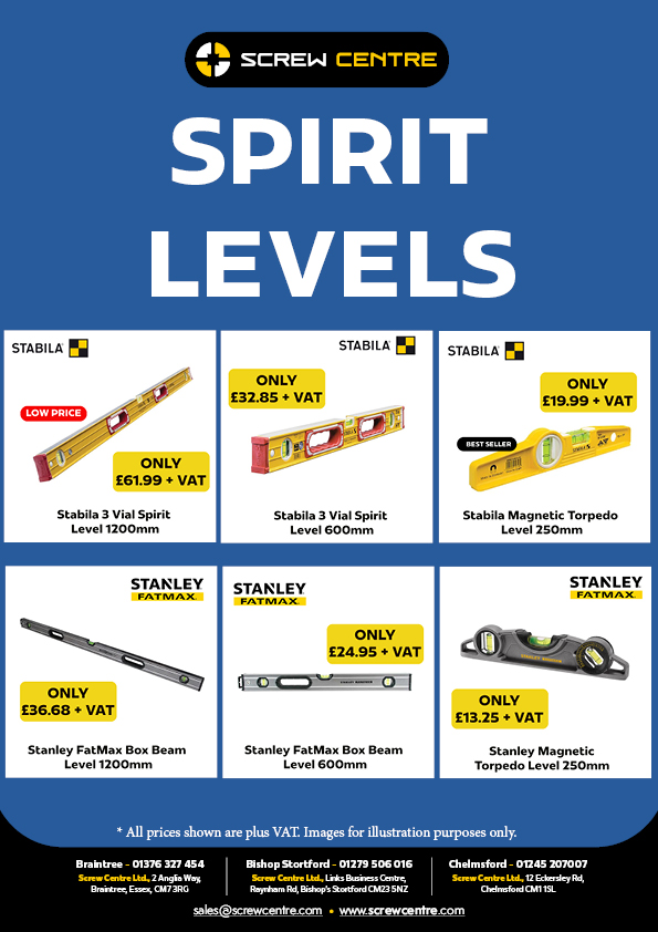 Spirit Levels. Screw Centre: The Ultimate Source for Screws and Fixings